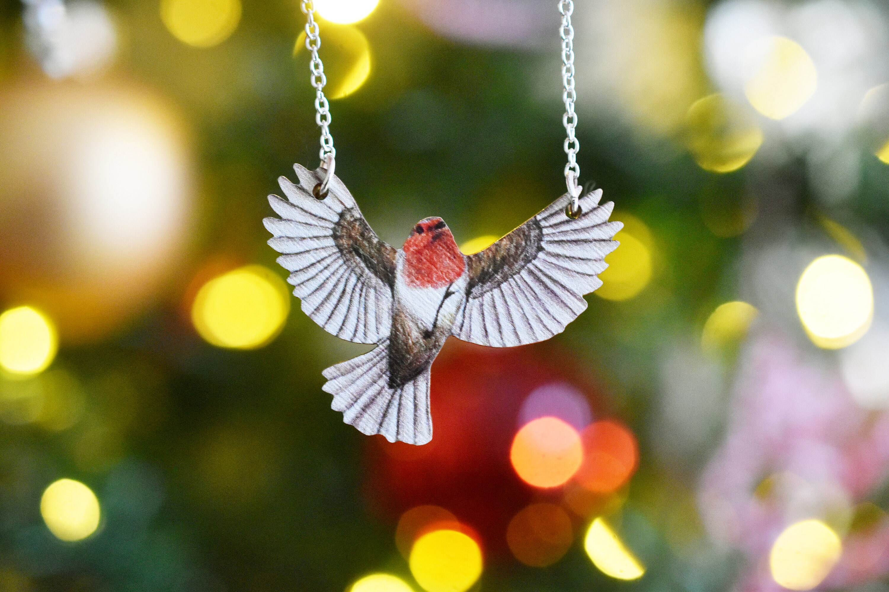 Flying Robin Bird Necklace Illustrated Wooden Jewellery | Etsy