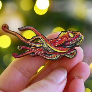 Octopus Pin Badge- Colourful Illustrated Wooden Jewellery - Etsy UK