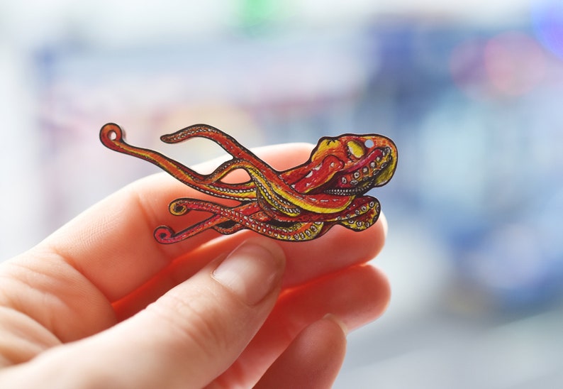 Octopus Pin Badge- Colourful Illustrated Wooden Jewellery - Etsy UK