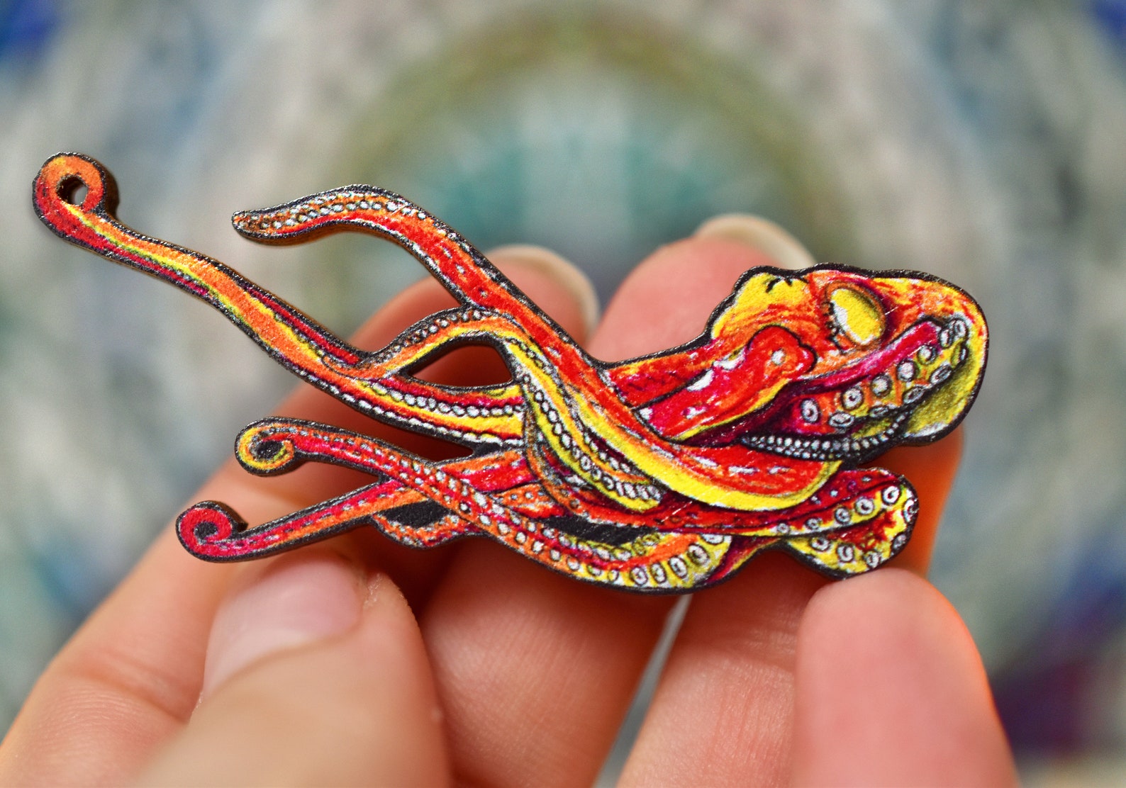 Octopus Pin Badge- Colourful Illustrated Wooden Jewellery - Etsy UK