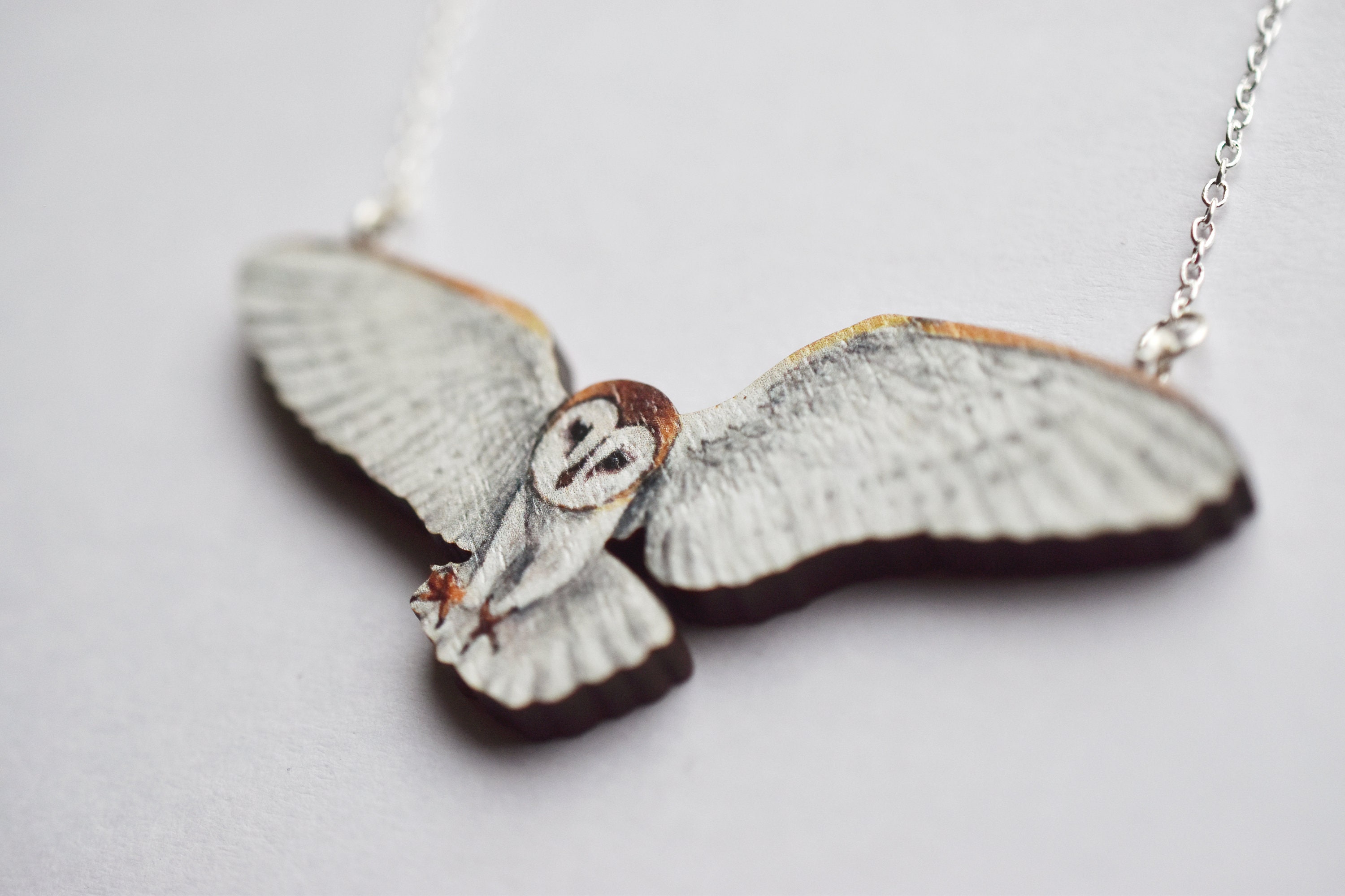 Buy Flying Barn Owl Bird Necklace, Illustrated Wooden Jewellery, Eco ...
