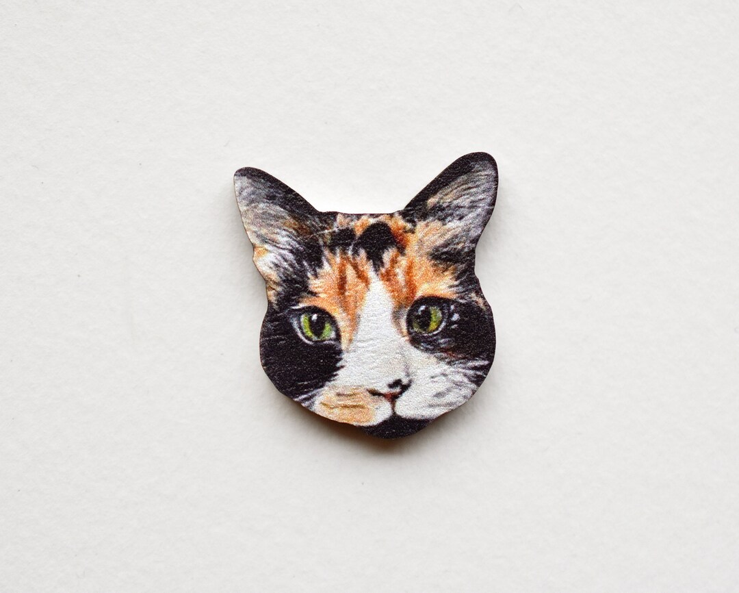Tricolour Cat Face Pin Badge, Illustrated Wooden Jewellery, Art Badge ...