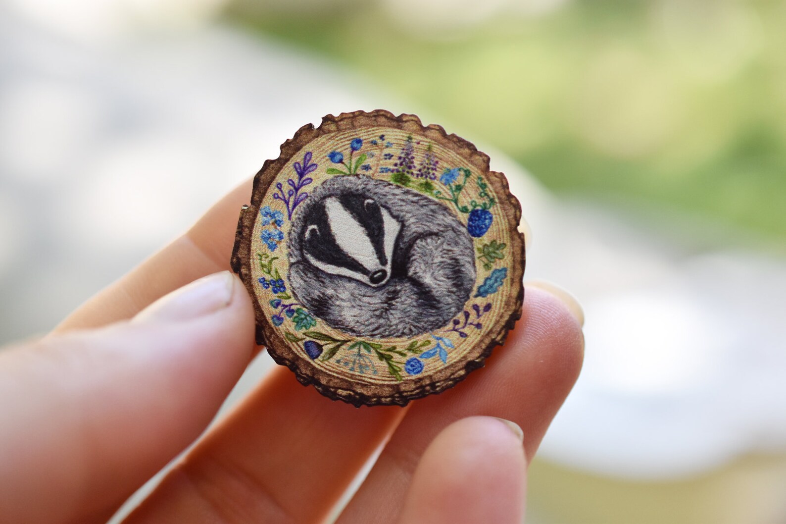Sleeping Badger Log Slice Necklace Wooden Illustrated - Etsy UK