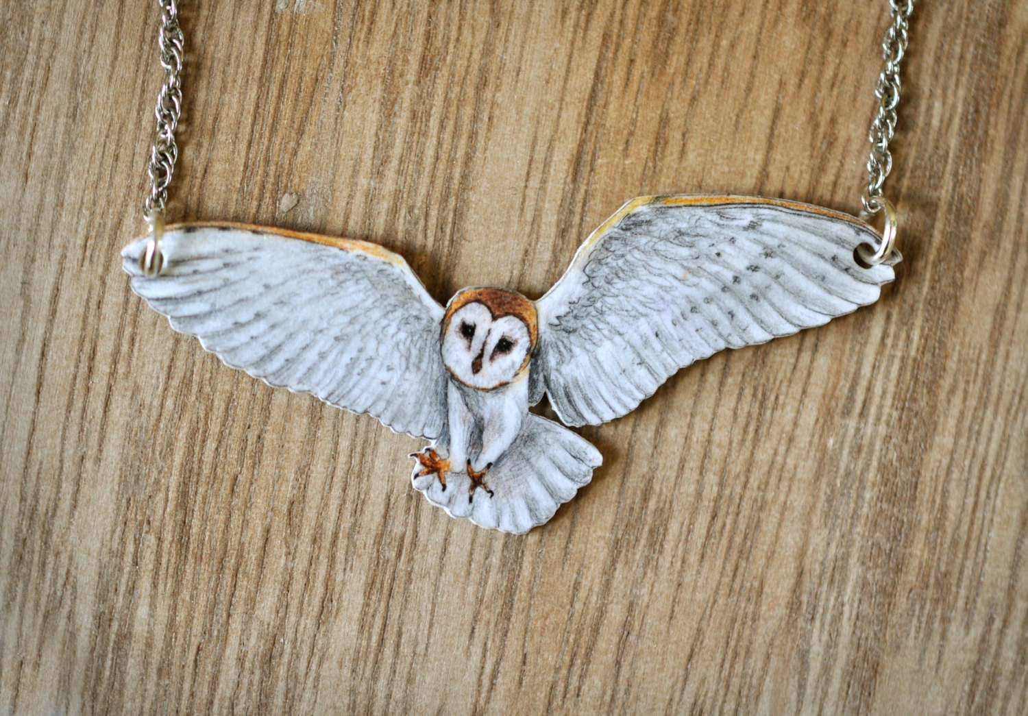 Buy Flying Barn Owl Bird Necklace, Illustrated Wooden Jewellery, Eco ...