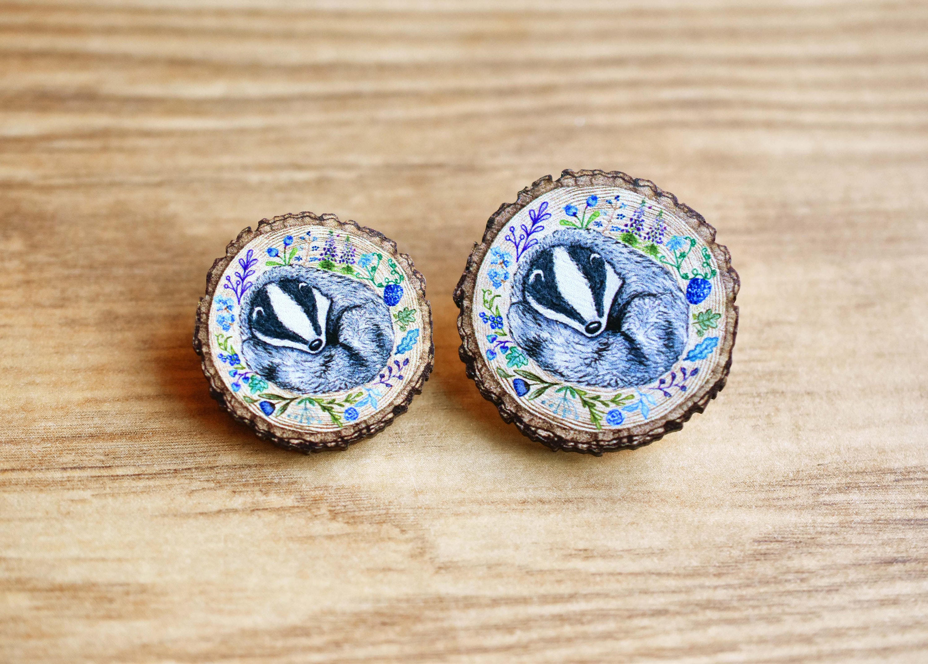 Sleeping Badger Log Slice Pin Badge - Wooden Illustrated Jewellery ...