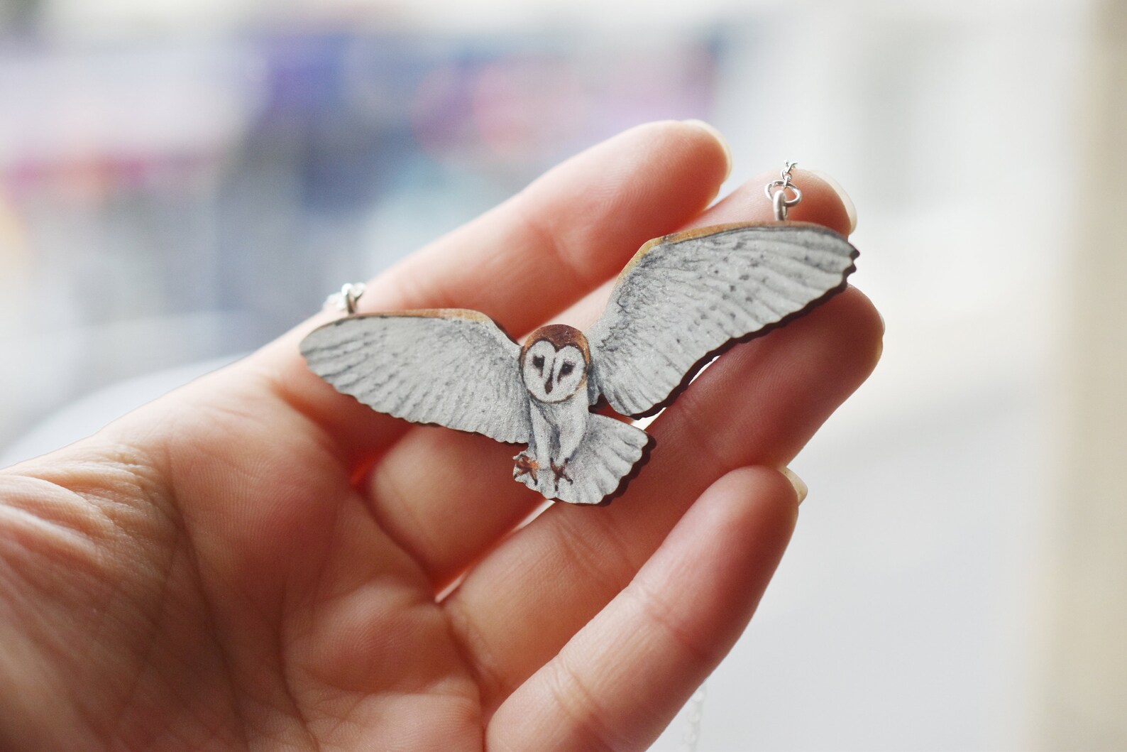 Buy Flying Barn Owl Bird Necklace, Illustrated Wooden Jewellery, Eco ...