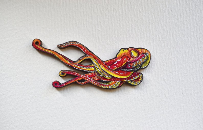 Octopus Pin Badge- Colourful Illustrated Wooden Jewellery - Etsy UK