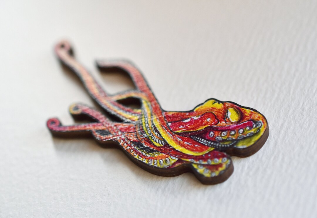 Octopus Pin Badge- Colourful Illustrated Wooden Jewellery - Etsy UK