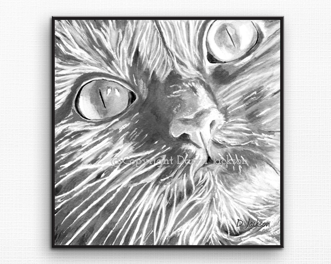 Black and White Cat Square Watercolor Art Print, Monochromatic Pet Wall ...