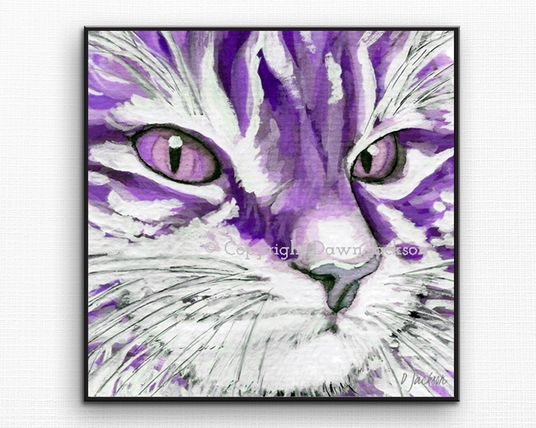 Purple Tabby Cat Square Watercolor Art Print, Maximalist Home Decor ...