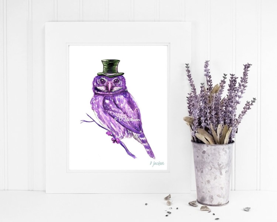 Purple Owl in Top Hat Watercolor Art Print, Quirky Bird Wall Art ...