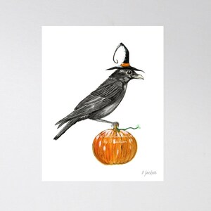 Halloween Crow Witch Watercolor Art Print, Bird on Pumpkin Wall Art ...