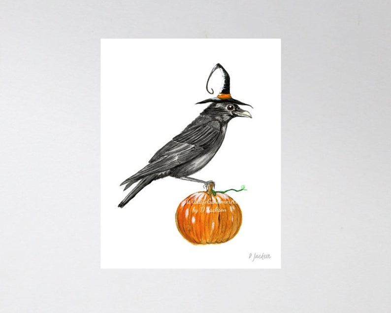 Halloween Crow Witch Watercolor Art Print Bird on Pumpkin | Etsy