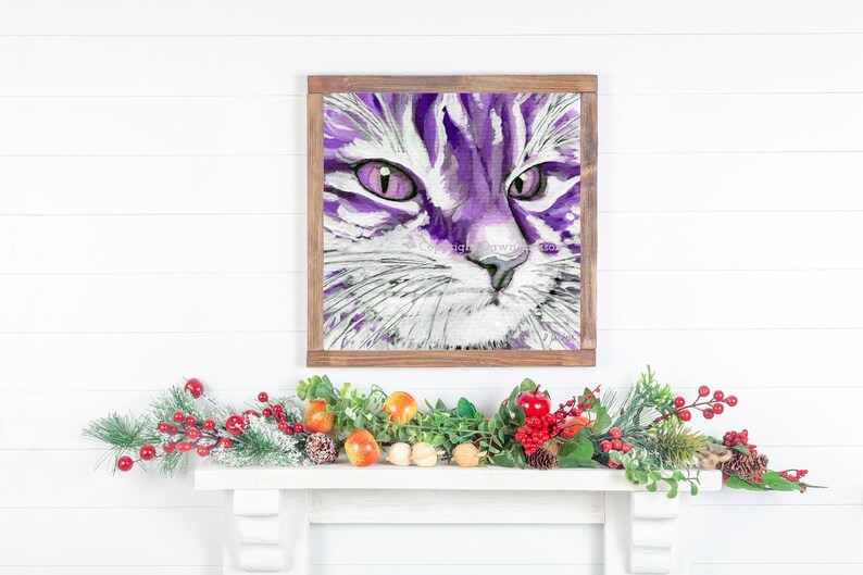 Purple Tabby Cat Square Watercolor Art Print, Maximalist Home Decor ...