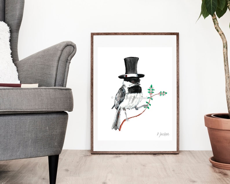 Chickadee in Top Hat Watercolor Art Print Whimsical Bird Art | Etsy