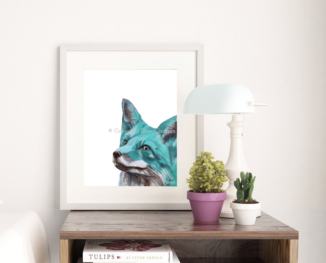 Teal Blue Fox Watercolor Art Print, Modern Monochromatic Nature Decor ...