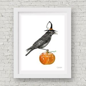 Halloween Crow Witch Watercolor Art Print, Bird on Pumpkin Wall Art ...