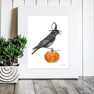 Halloween Crow Witch Watercolor Art Print, Bird on Pumpkin Wall Art ...
