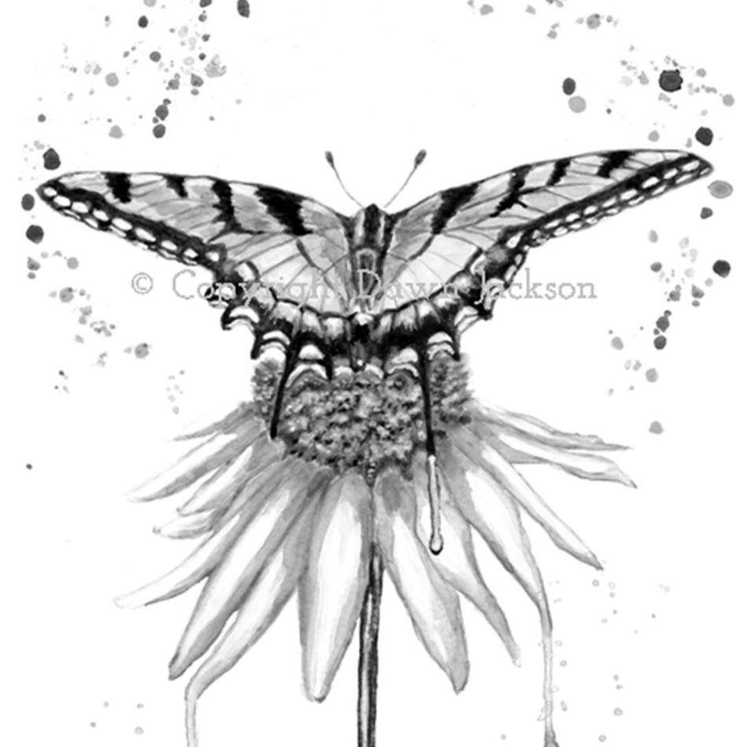 Black and White Swallowtail Butterfly on Flower Watercolor Art Print ...