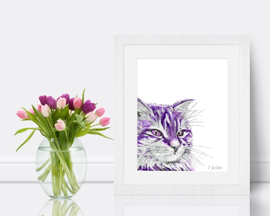 Purple Striped Cat Watercolor Art Print, Modern Pet Portrait Home Decor ...