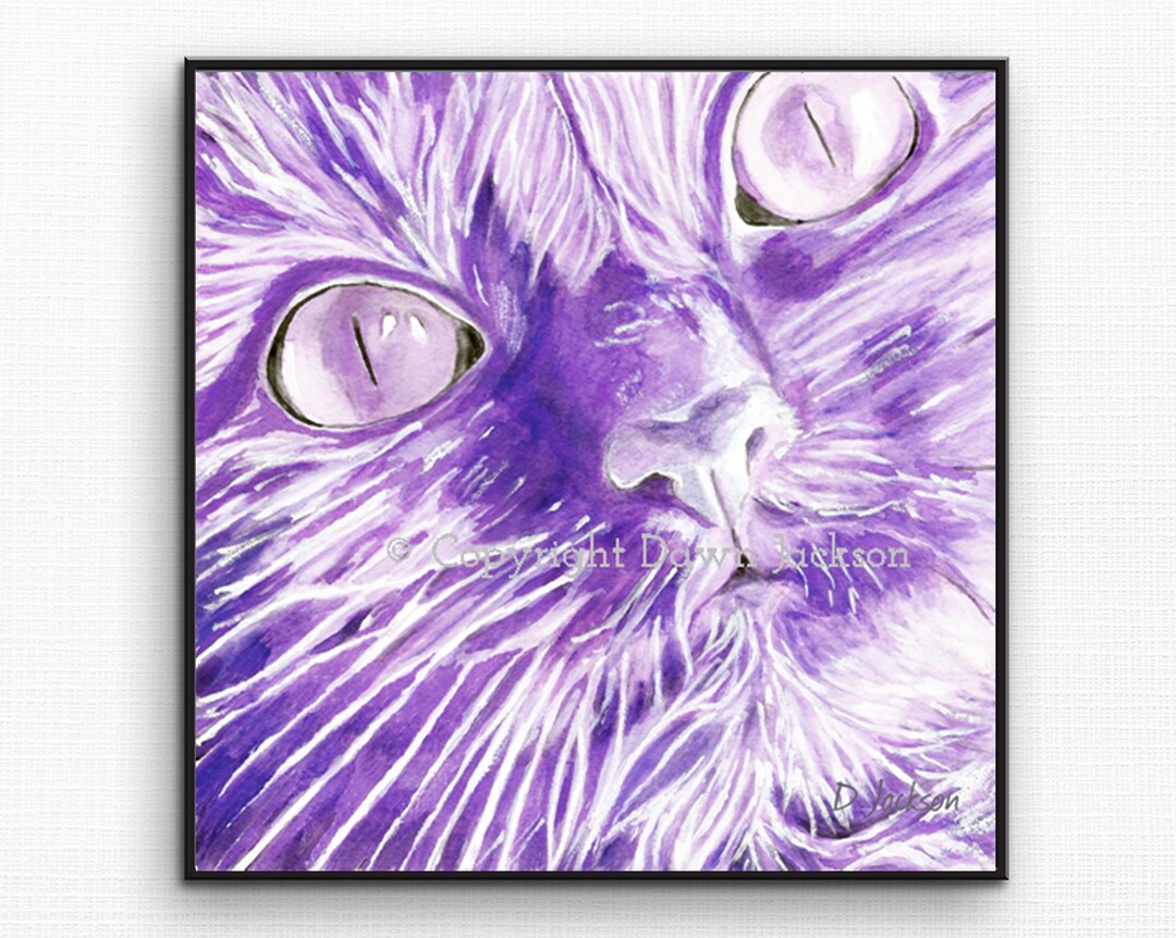 Purple Cat Face Watercolor Square Art Print, Maximalist Decor, Unframed ...