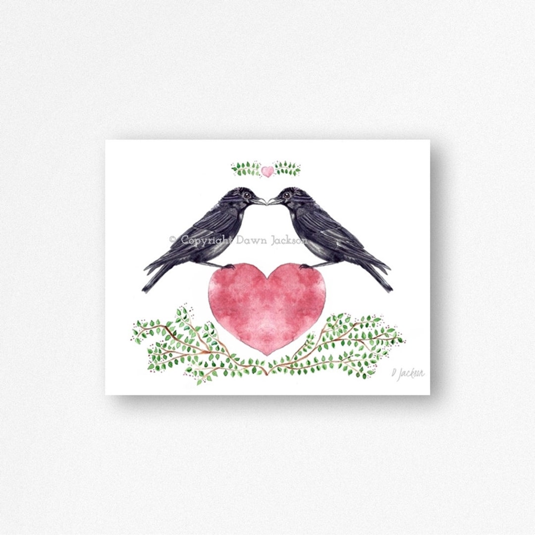 Crow Couple Wrapped Canvas Watercolor Art Print, Birds in Heart Nature ...