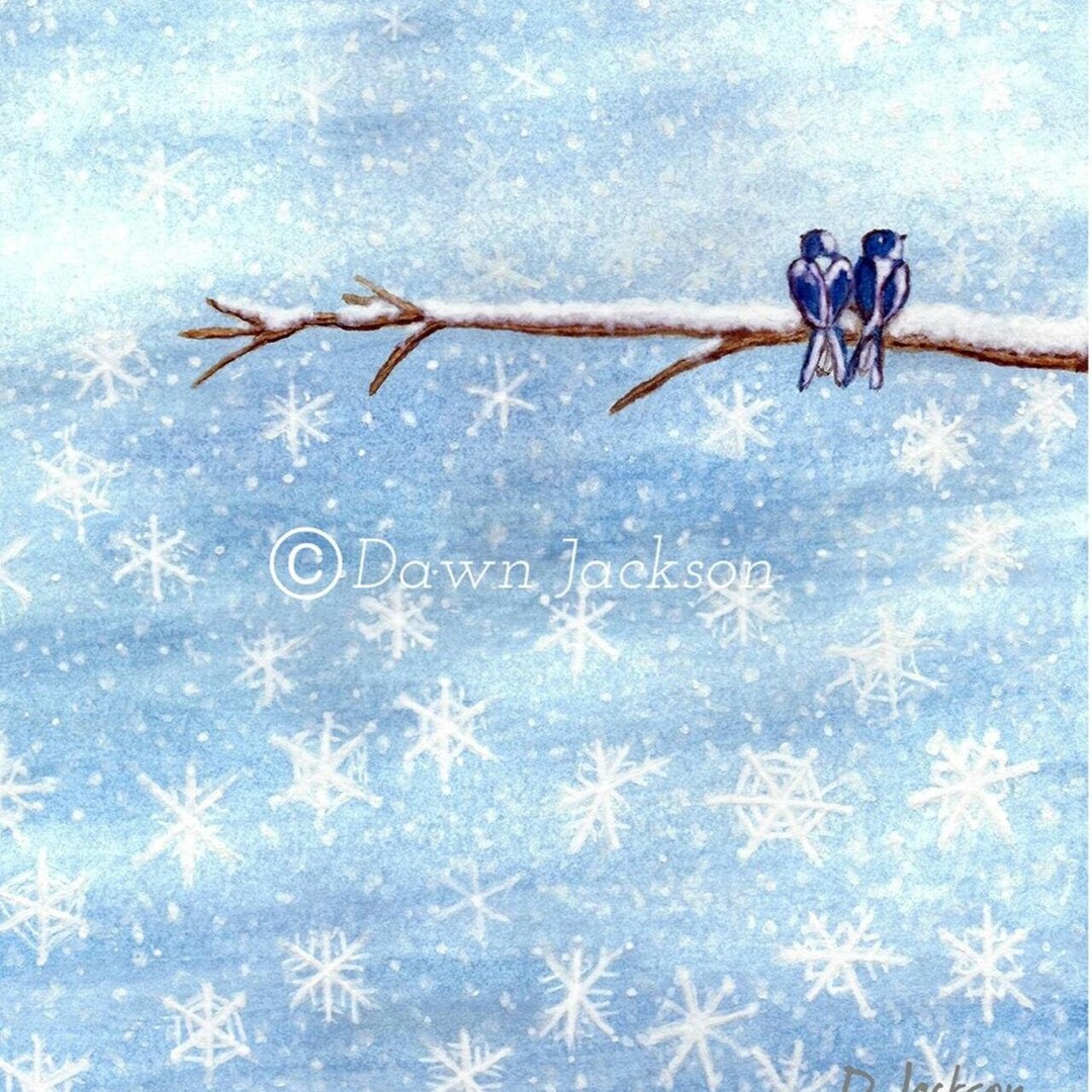 Blue Bird Couple in Snow Watercolor Art Print, Winter Nature Home Decor ...