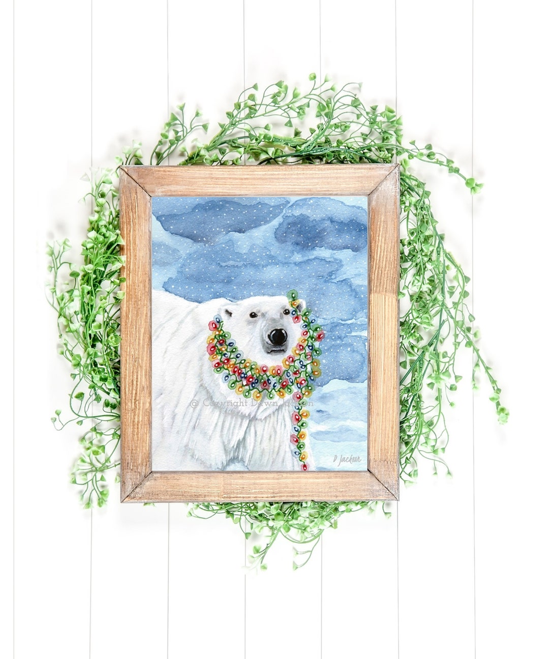 Christmas Polar Bear Watercolor Art Print, Whimsical Holiday Lights ...