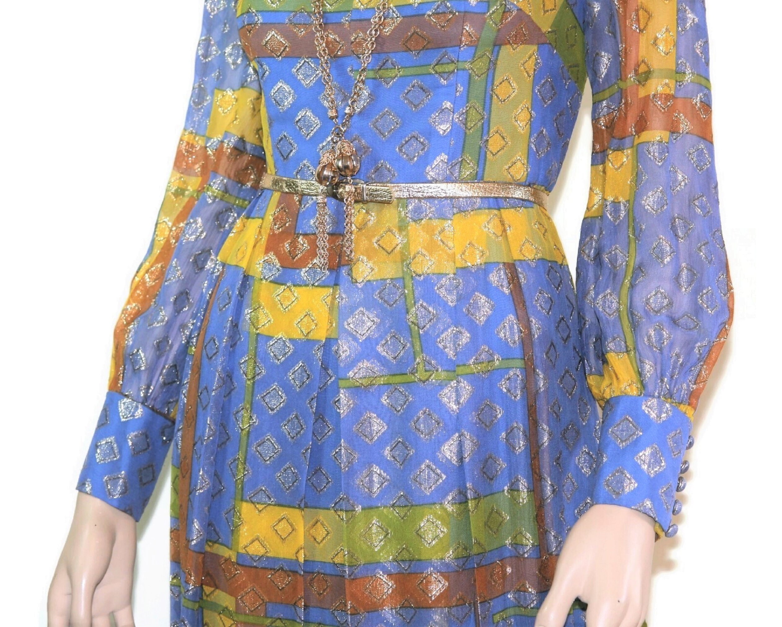 Silk 60s 70s Vintage Metallic Geometric Pleated Hostess Dress, 1960s ...