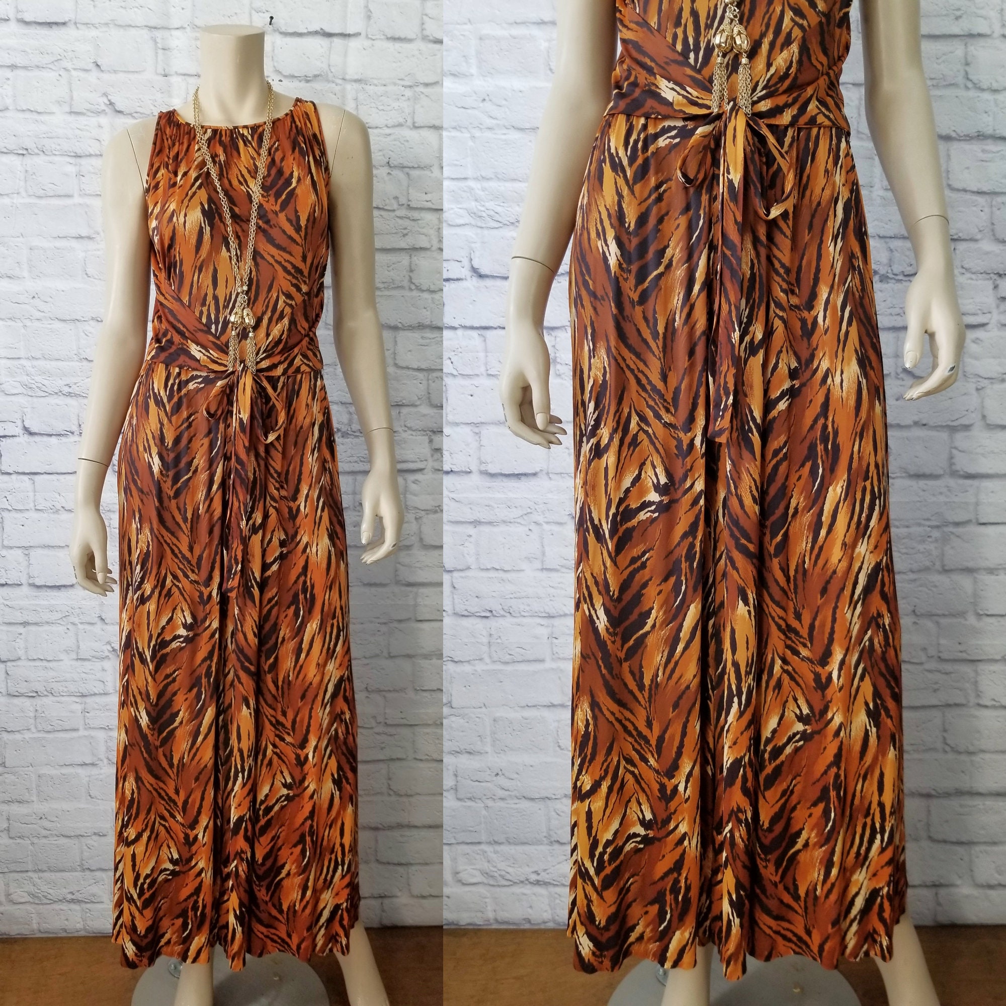Vintage 60s 70s Tiger Animal Print Backless Palazzo Jumpsuit, 1960s ...