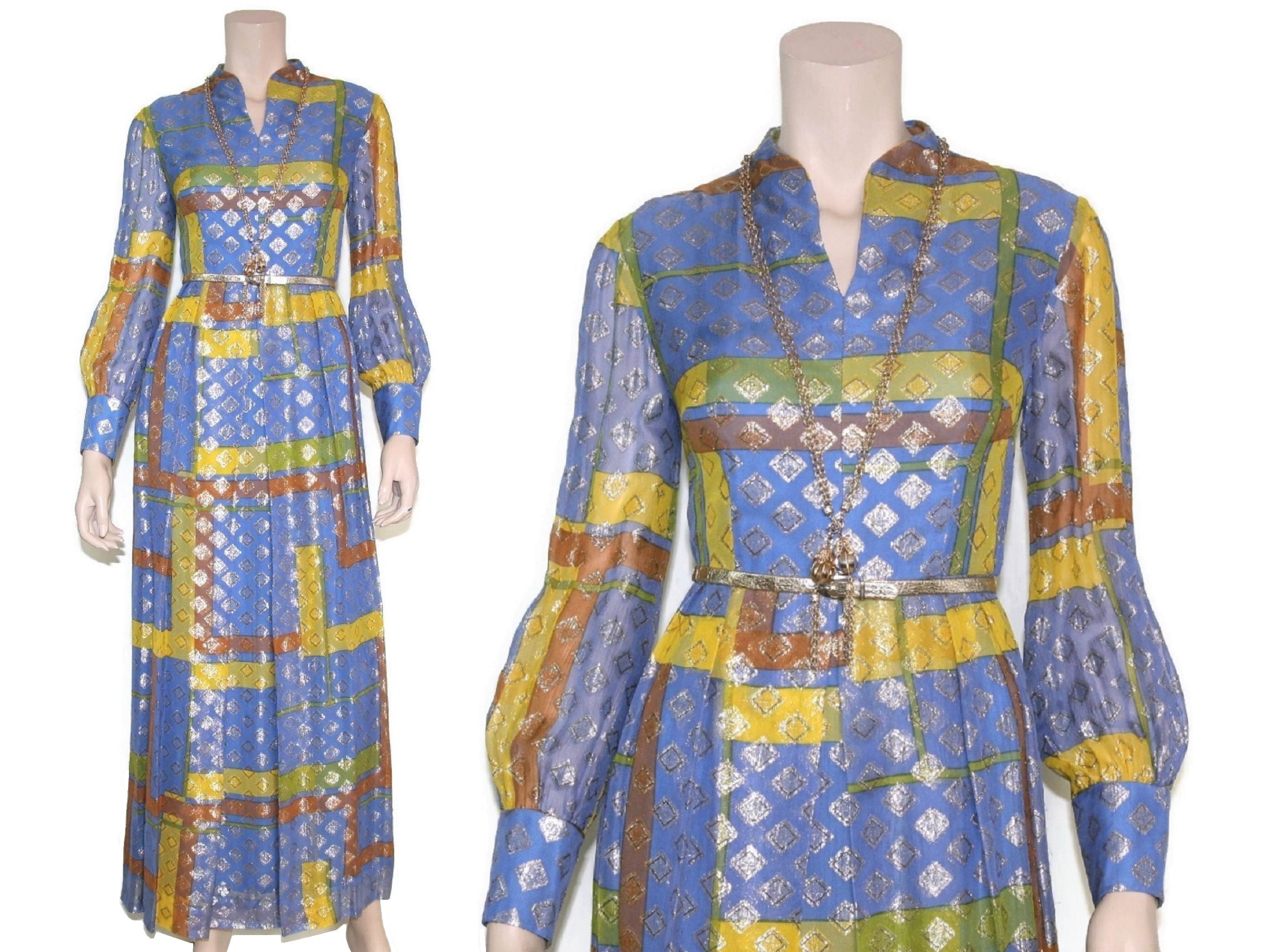 Silk 60s 70s Vintage Metallic Geometric Pleated Hostess Dress, 1960s ...
