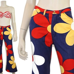 Vintage 60s 70s Flower Power Bell Bottom Pants, 1960s 1970s Twill Denim ...