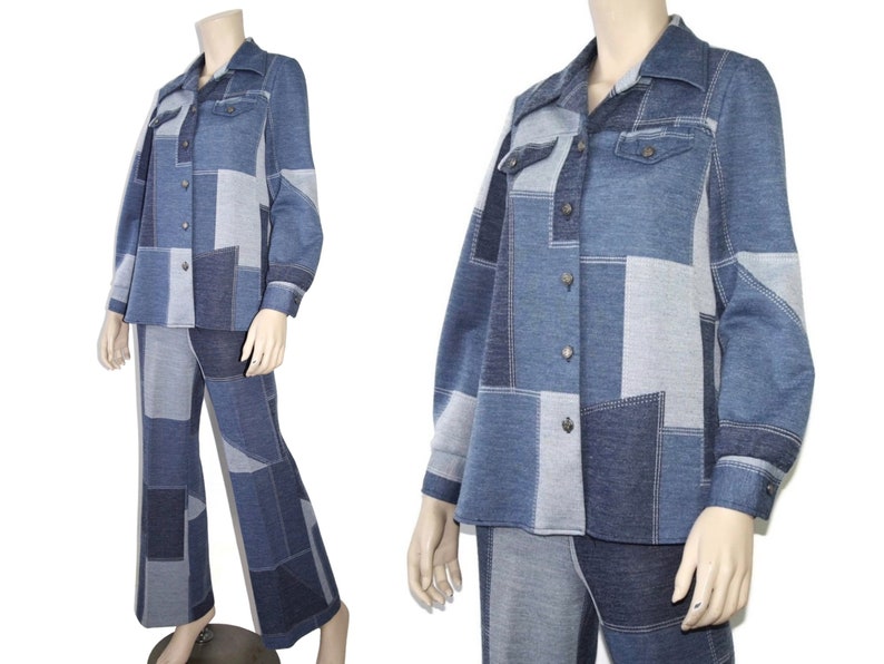 70s Faux Patchwork Denim Pant Suit, 1970s Color Block Polyester Hippie Pantsuit, Retro Vintage ...