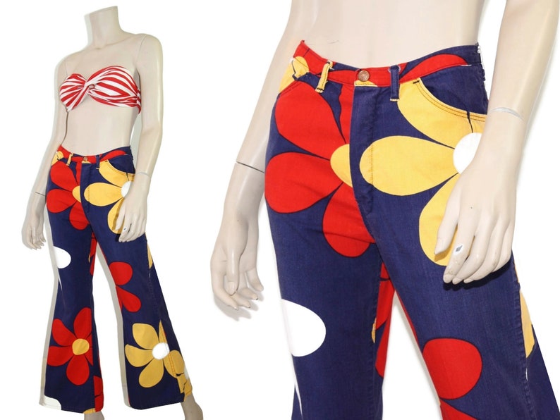 Vintage 60s 70s Flower Power Bell Bottom Pants, 1960s 1970s Twill Denim ...