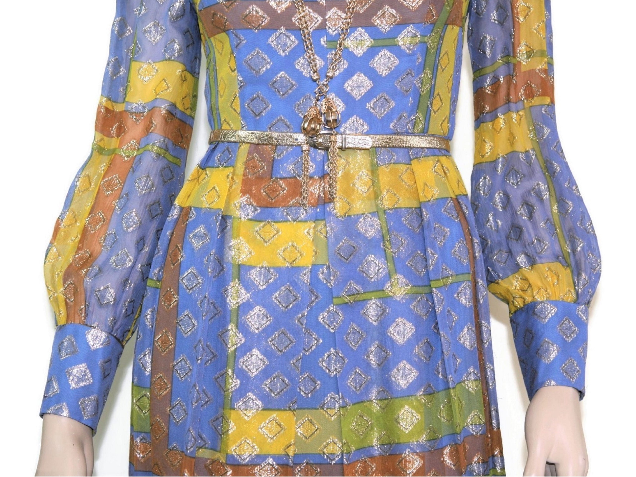 Silk 60s 70s Vintage Metallic Geometric Pleated Hostess Dress, 1960s ...