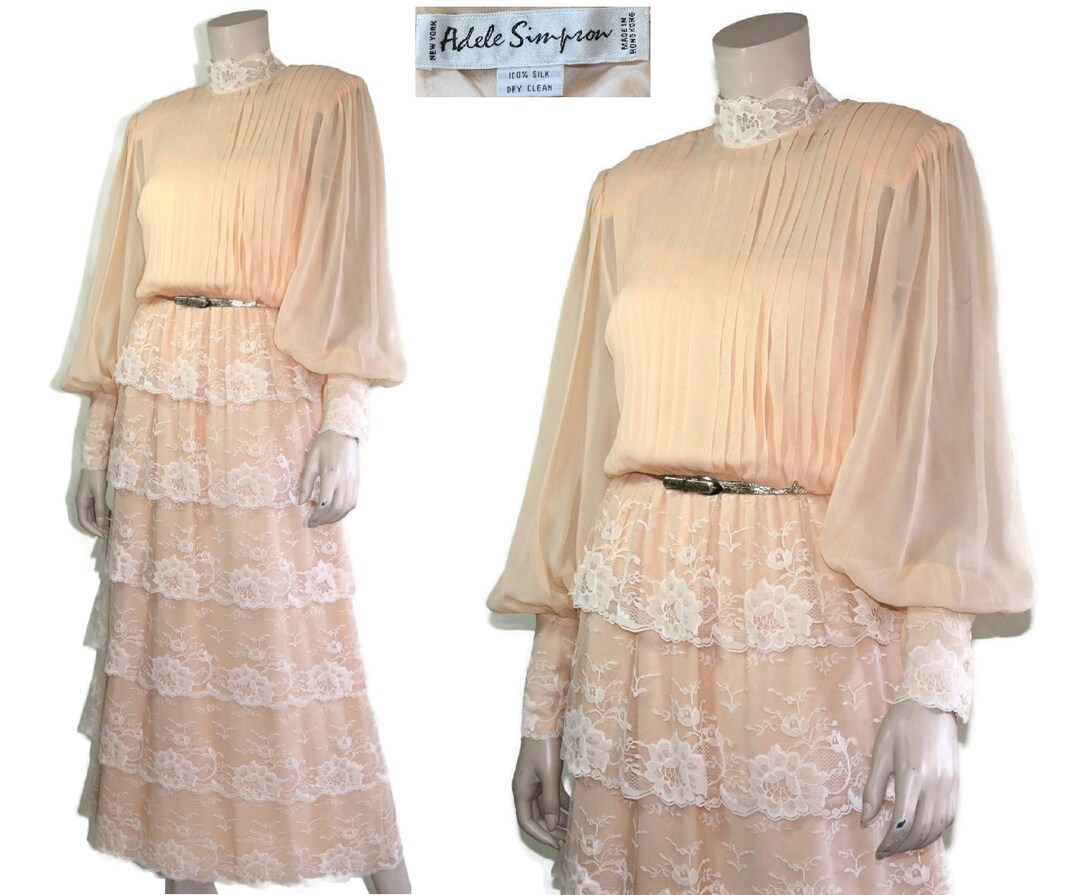 80s Silk Adele Simpson Edwardian Lace Dress, 1980s Tiered Pleated Bishop Balloon Sleeve Maxi ...