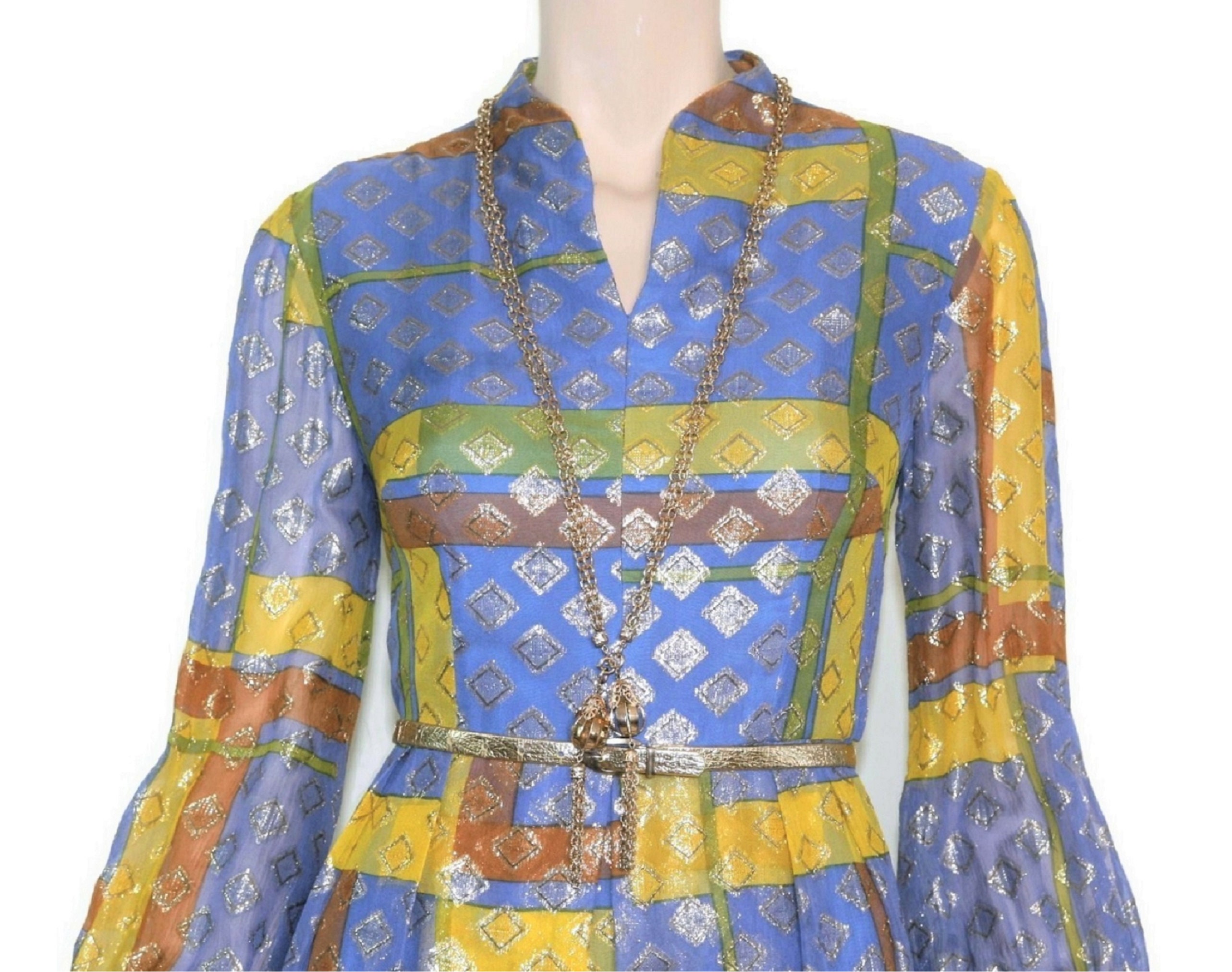 Silk 60s 70s Vintage Metallic Geometric Pleated Hostess Dress, 1960s ...