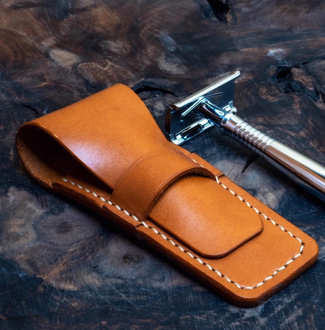 Handmade Cognac Color Leather Razor Case – Elegant & Durable Grooming ...