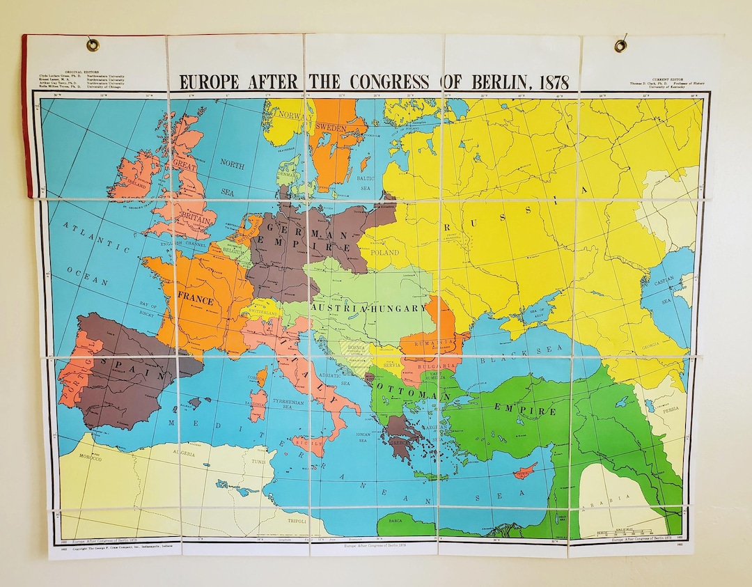 Vintage Folding Linen Map of Europe After the Congress of Berlin 1878 ...