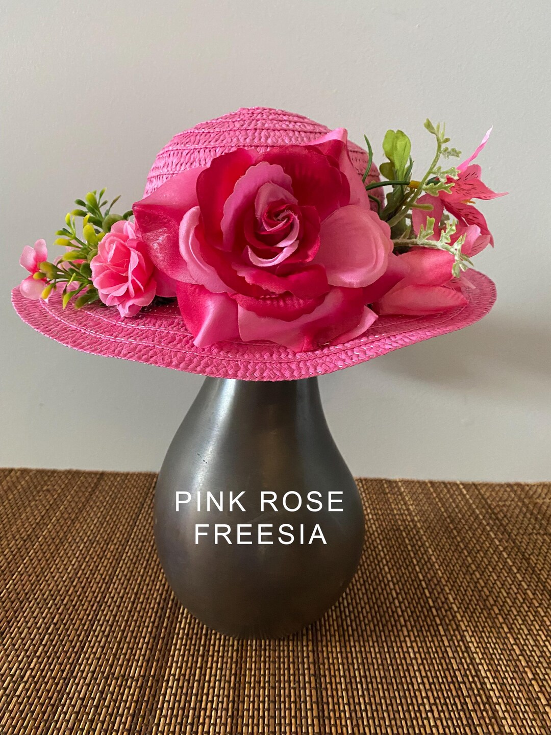 Pink Rose Hat/flower Hat/girls Hat/hot Pink/bow Back/tea Party/birthday ...