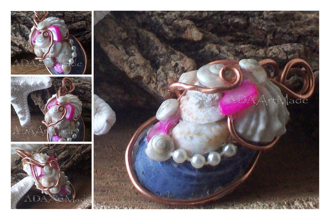 Natural Shell Pendant Unique Blue Pink White Copper-handmade Seashell ...