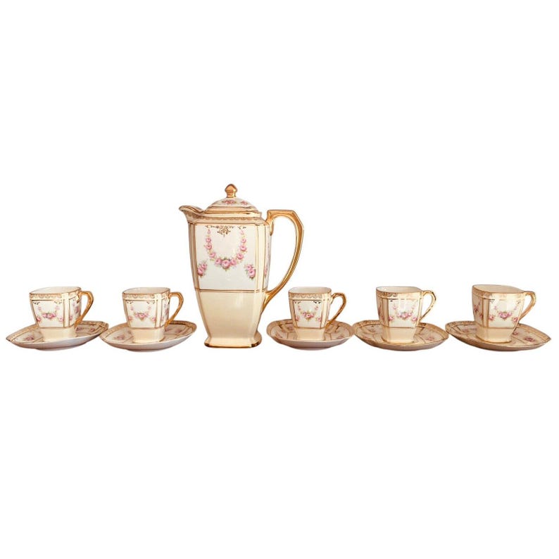 Vintage Nippon Hand Painted Teapot With 5 Cups and Saucers Beautiful ...