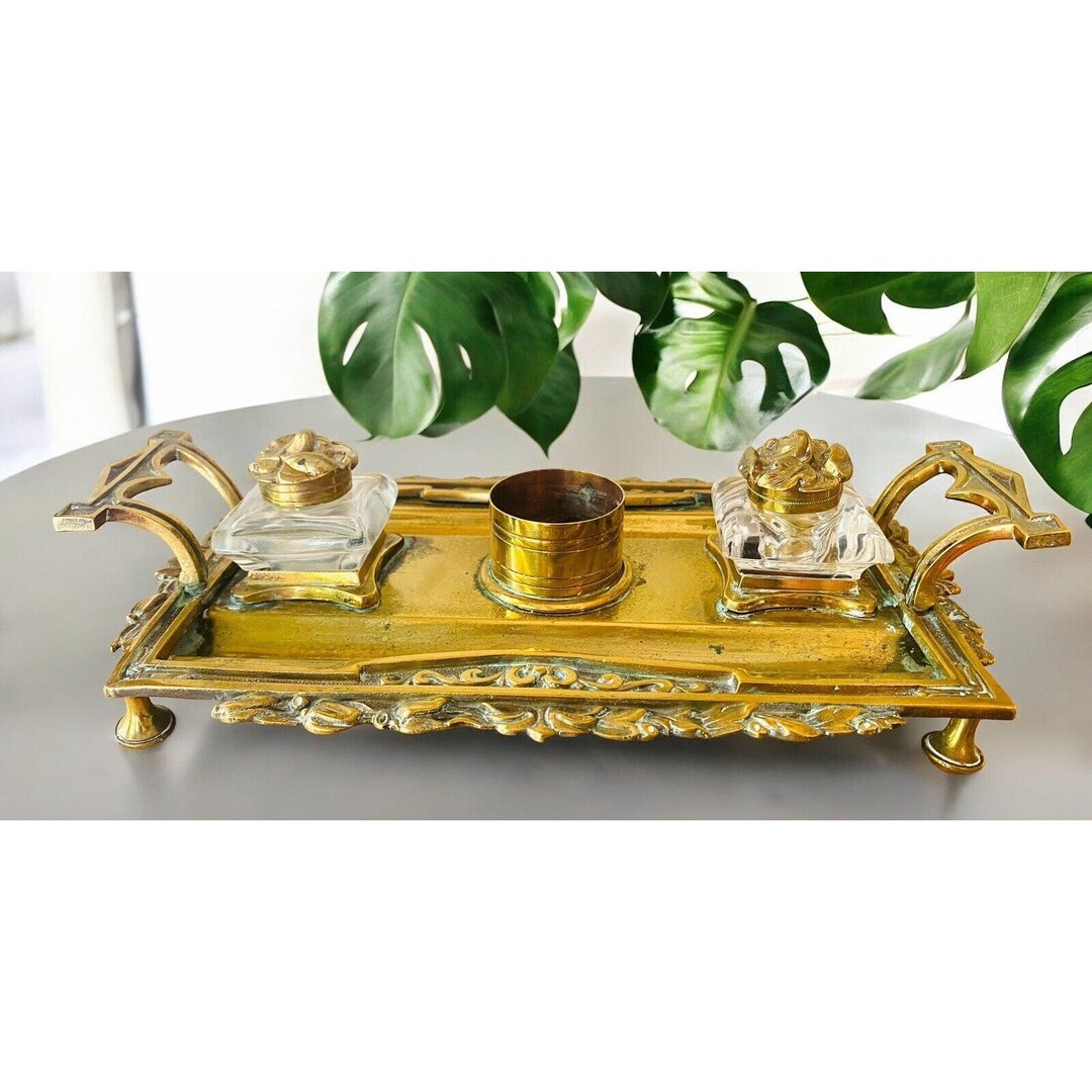 Antique Brass and Glass Inkwell Including Original Tray 2 Glass Ink ...