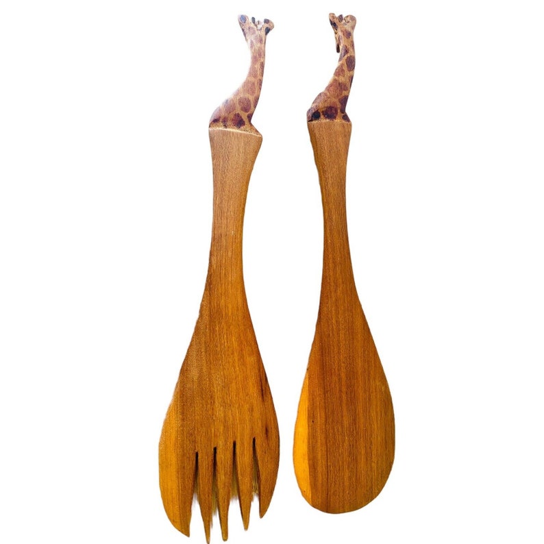 Teak Giraffe Wood Carved Salad Spoon and Fork 12 Serving Set Wood Hand ...