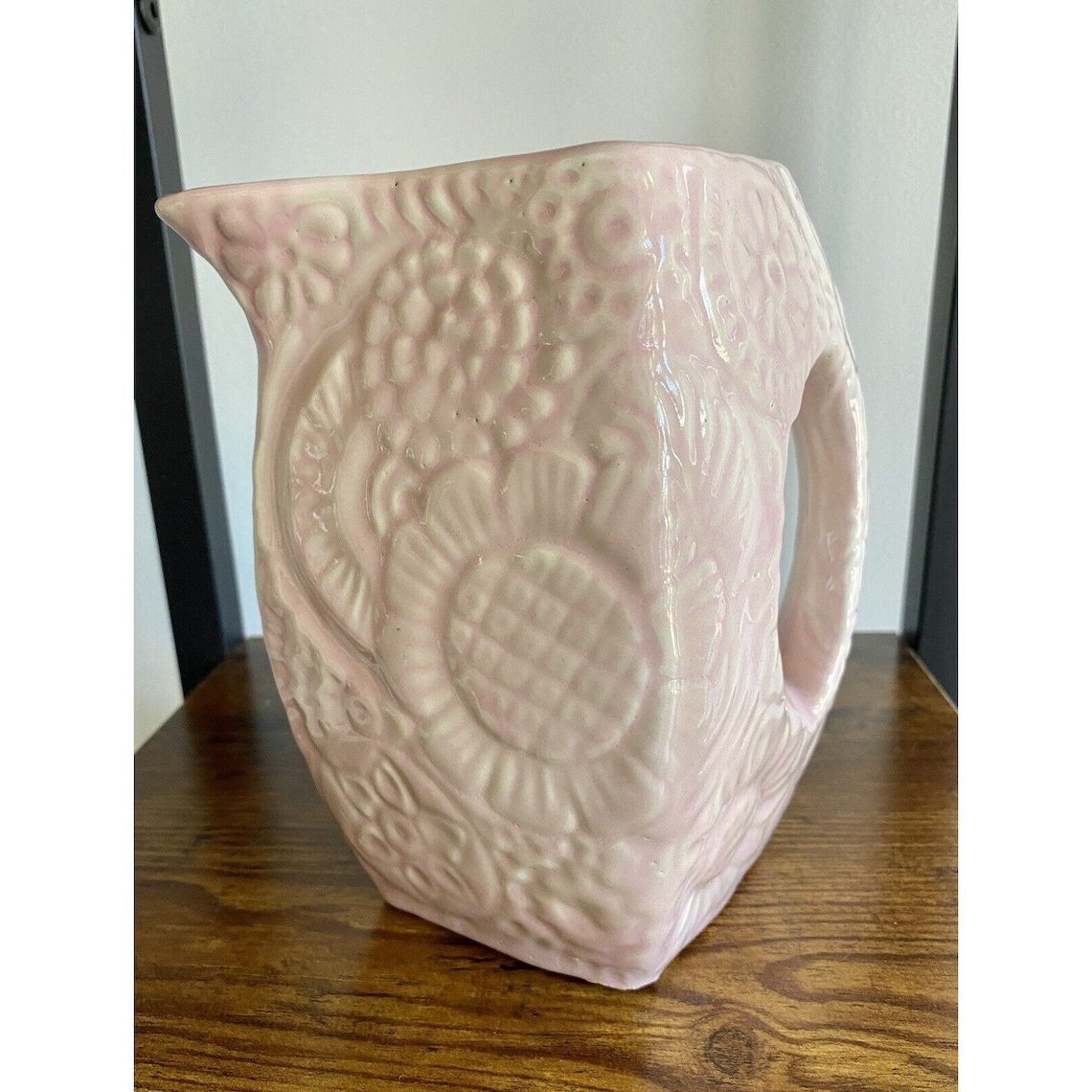 Pink Ceramic Pitcher Vintage Floral Design Artisan Water Pitcher Spring ...