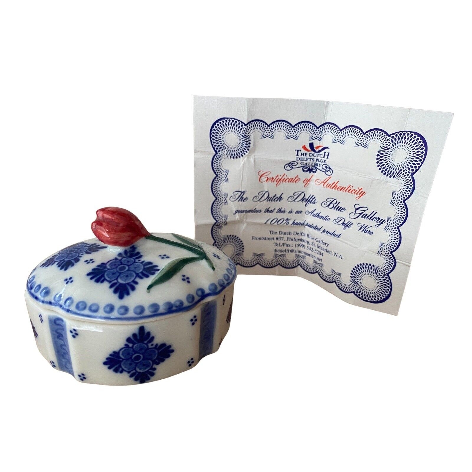 Delft Hand Painted Trinket Box Red Rose Blue Design Lidded W COA Dutch ...