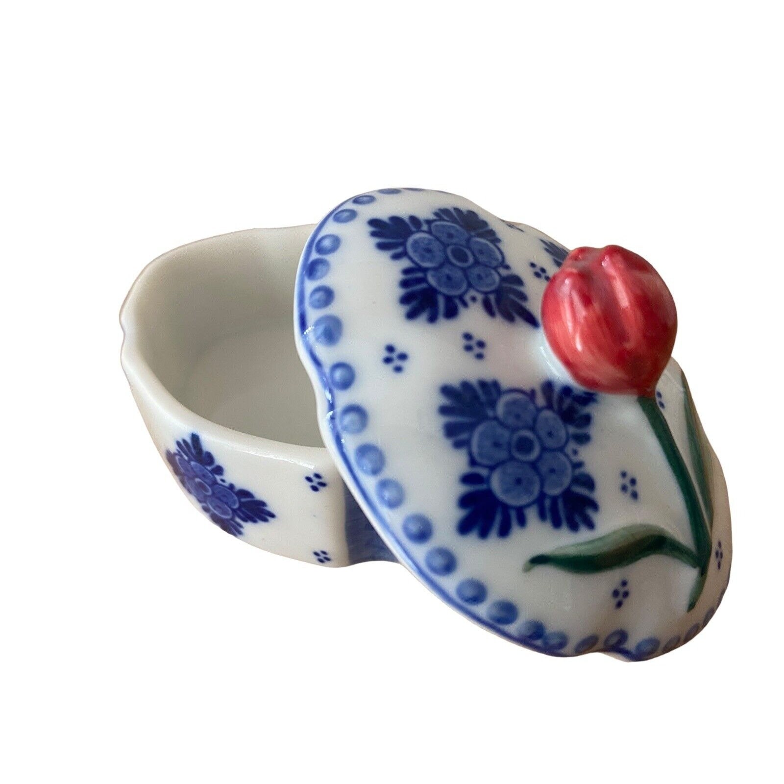 Delft Hand Painted Trinket Box Red Rose Blue Design Lidded W COA Dutch ...
