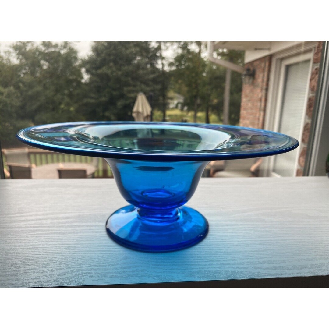 MCM Empoli Italy Blue Pedestal Glass Candy Dish Bowl Wide Rimmed - Etsy