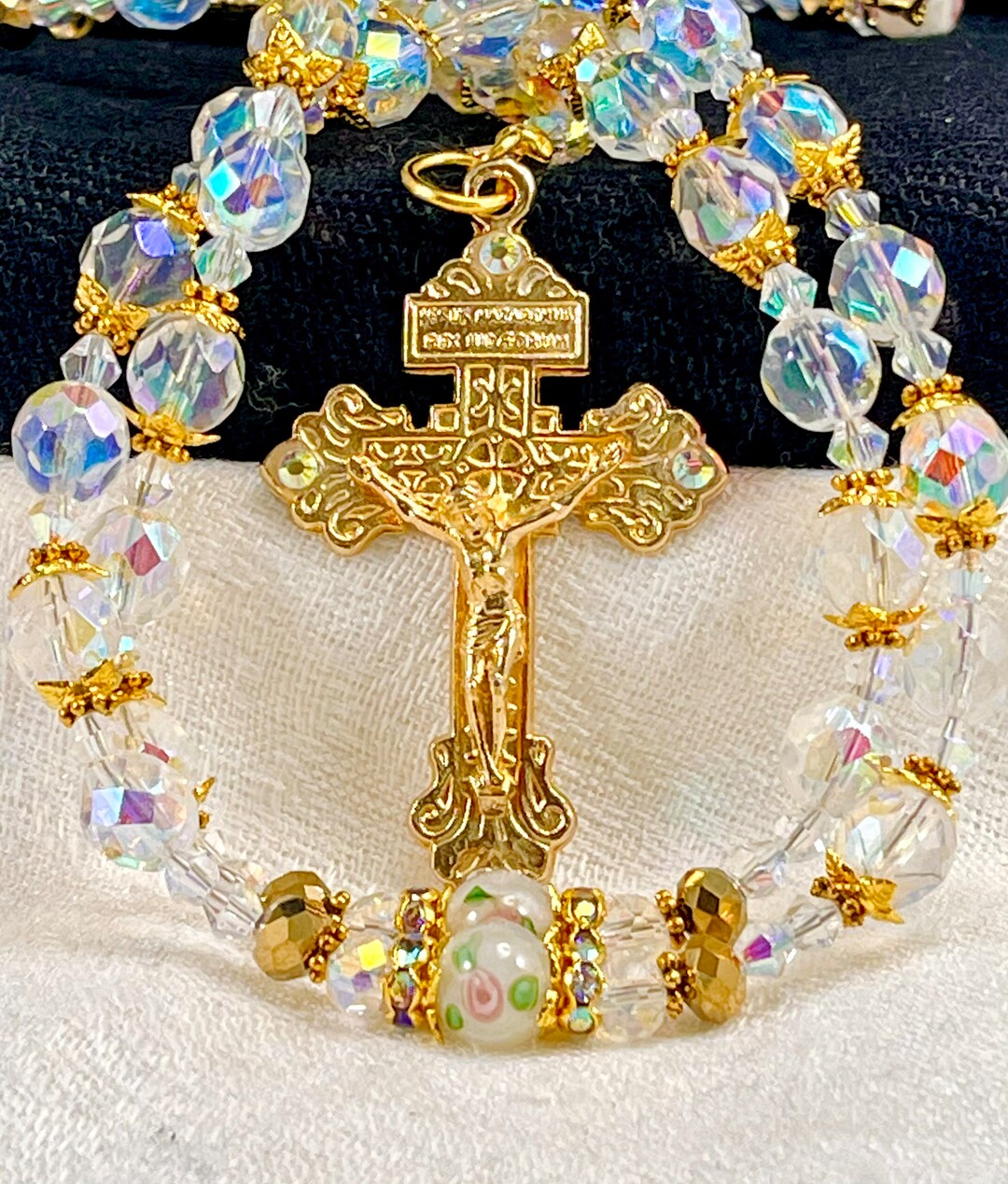 CATHOLIC CRYSTAL ROSARY in Gold/preciosa & Blown Glass Beads/heirloom ...