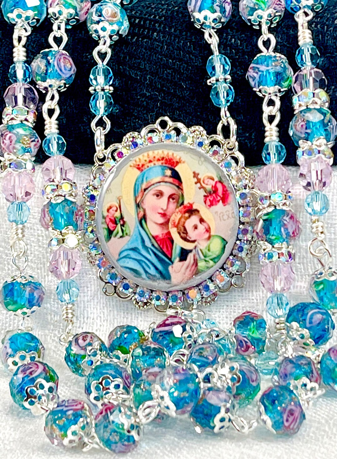 PEACOCK BLUE With ROSETTES Lampwork Rosary/catholic Wedding Bridal ...